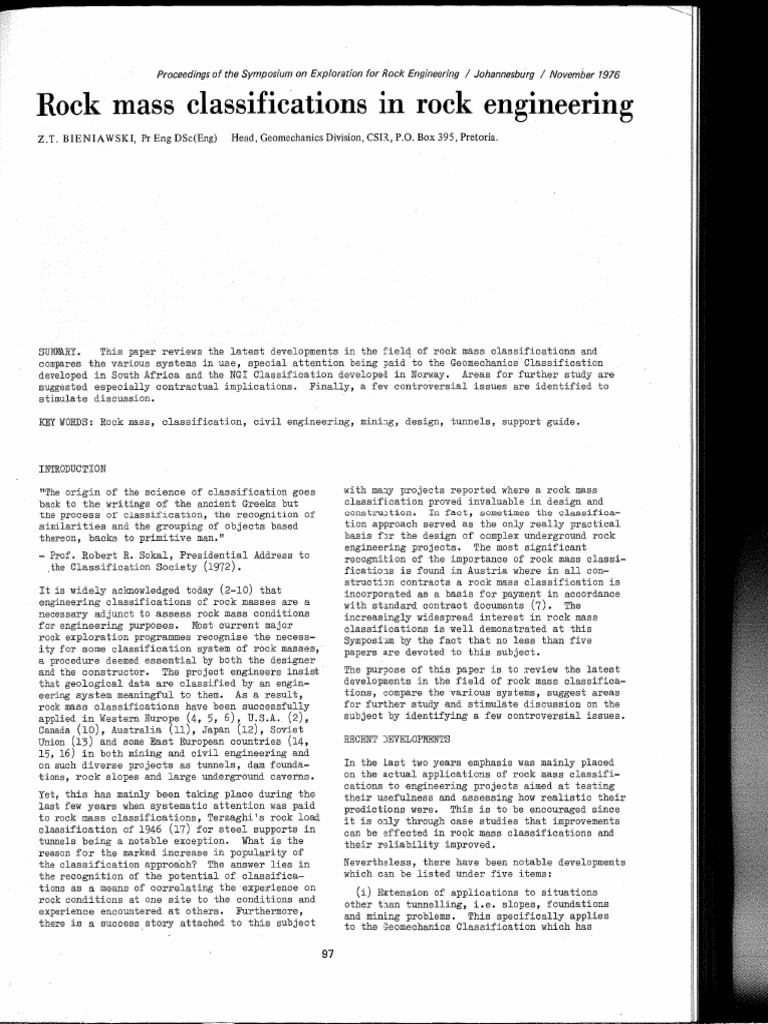 Rock Mass Classification in Rock Engineering - 1976 - Bieniawski | PDF