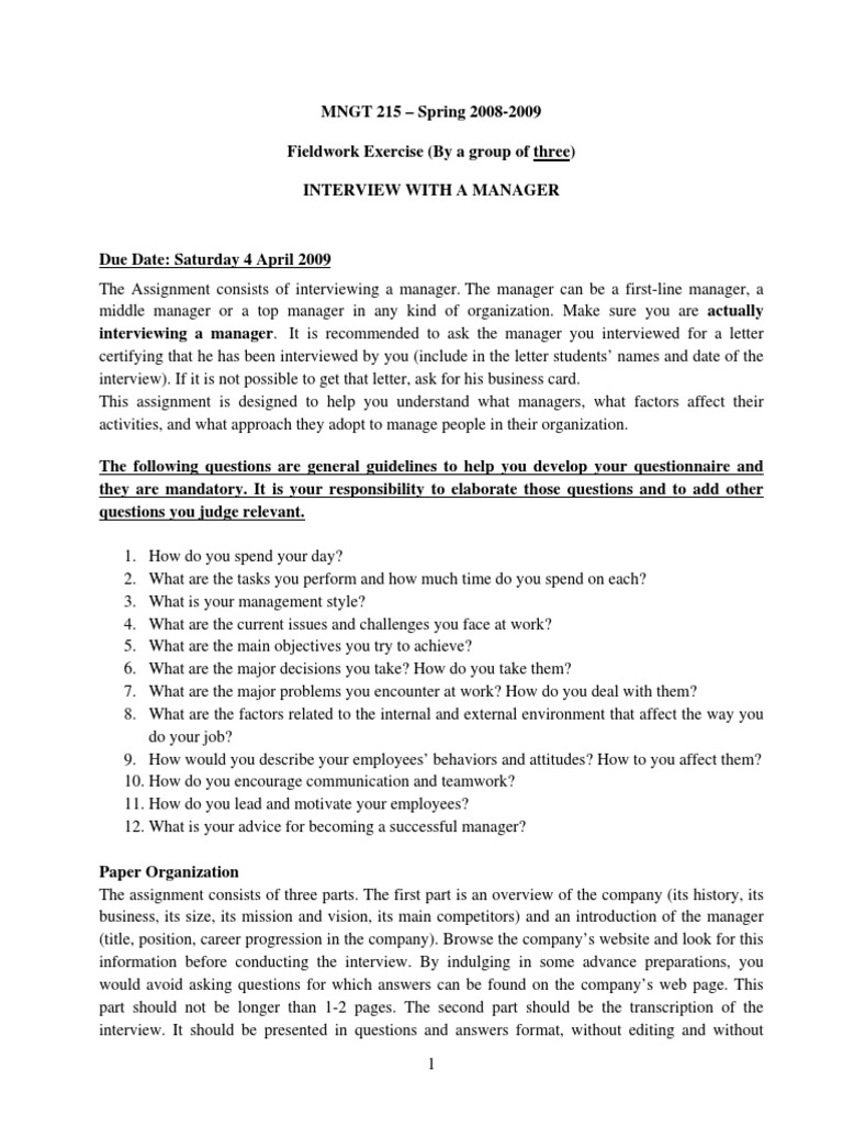 Project - Fieldwork Exercise - Interview With A Manager | PDF | Field ...
