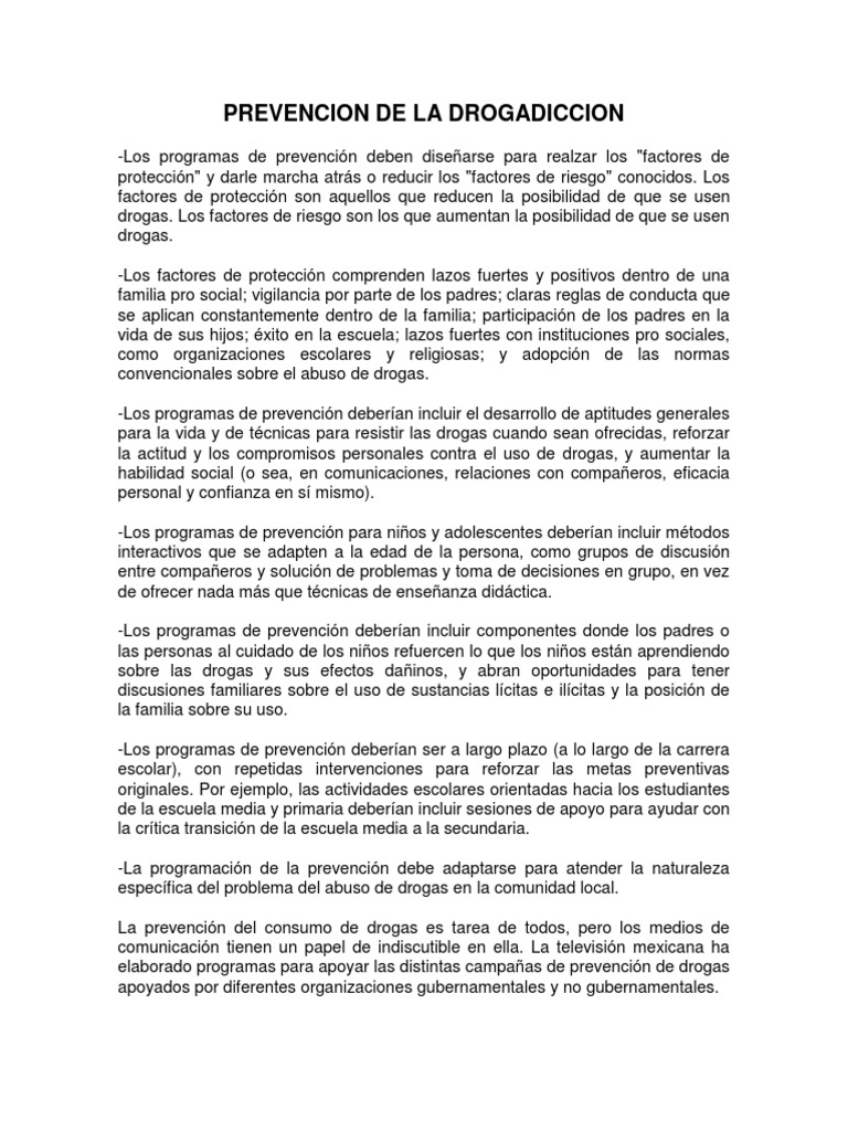 Prevencion de La Drogadiccion | PDF | La dependencia de sustancias | Comercio ilegal de drogas