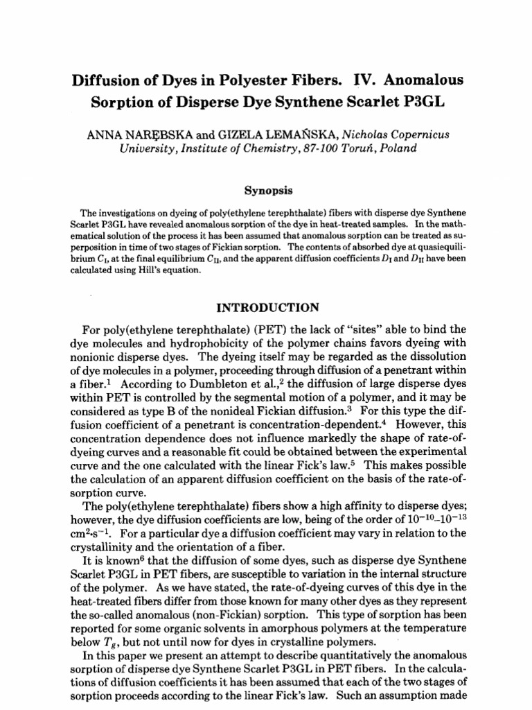 Diffusion of Dyes in Polyester Fibers. IV. Anomalous Sorption of ...