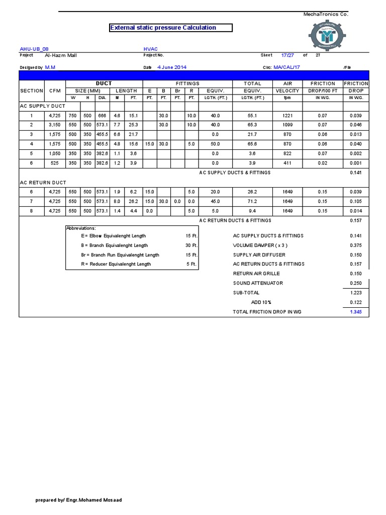 AHU External Static Pressure Calculation | PDF | Science & Mathematics ...