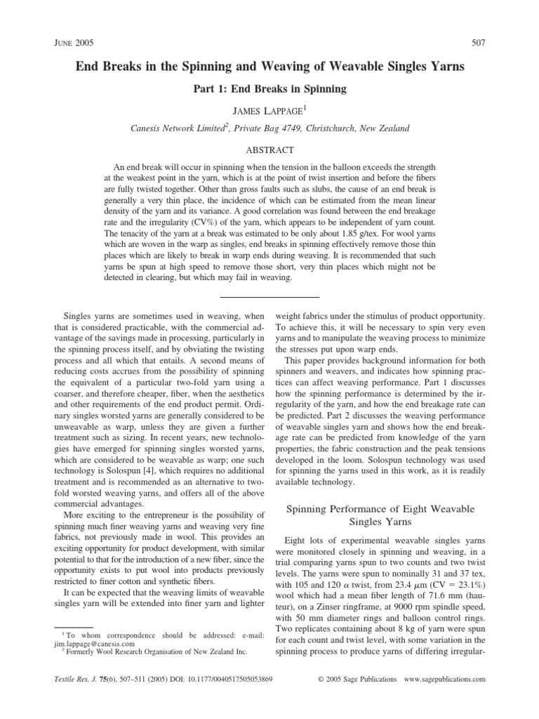 End Breaks in The Spinning and Weaving of Weavable Singles Yarns | PDF ...