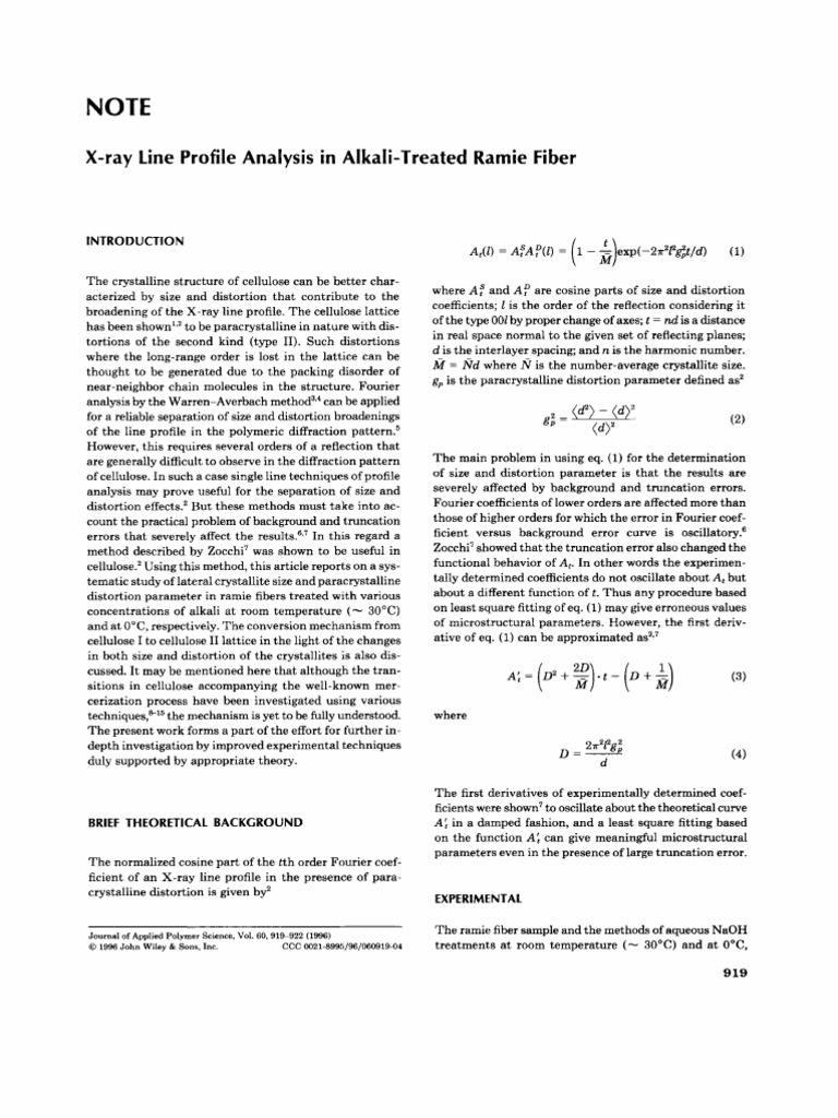 X-Ray Line Profile Analysis in Alkali-Treated Ramie: Fiber | PDF ...