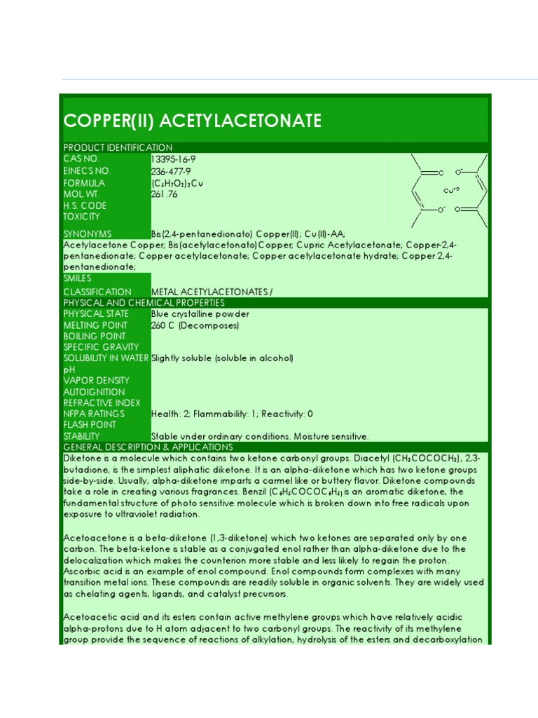Copper (Ii) Acetylacetonate | PDF | Ketone | Chemical Reactions