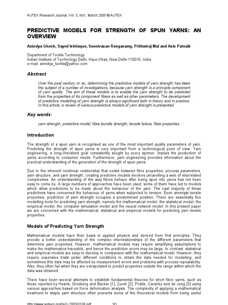 Predictive Models For Strength of Spun Yarns: An | PDF | Yarn ...