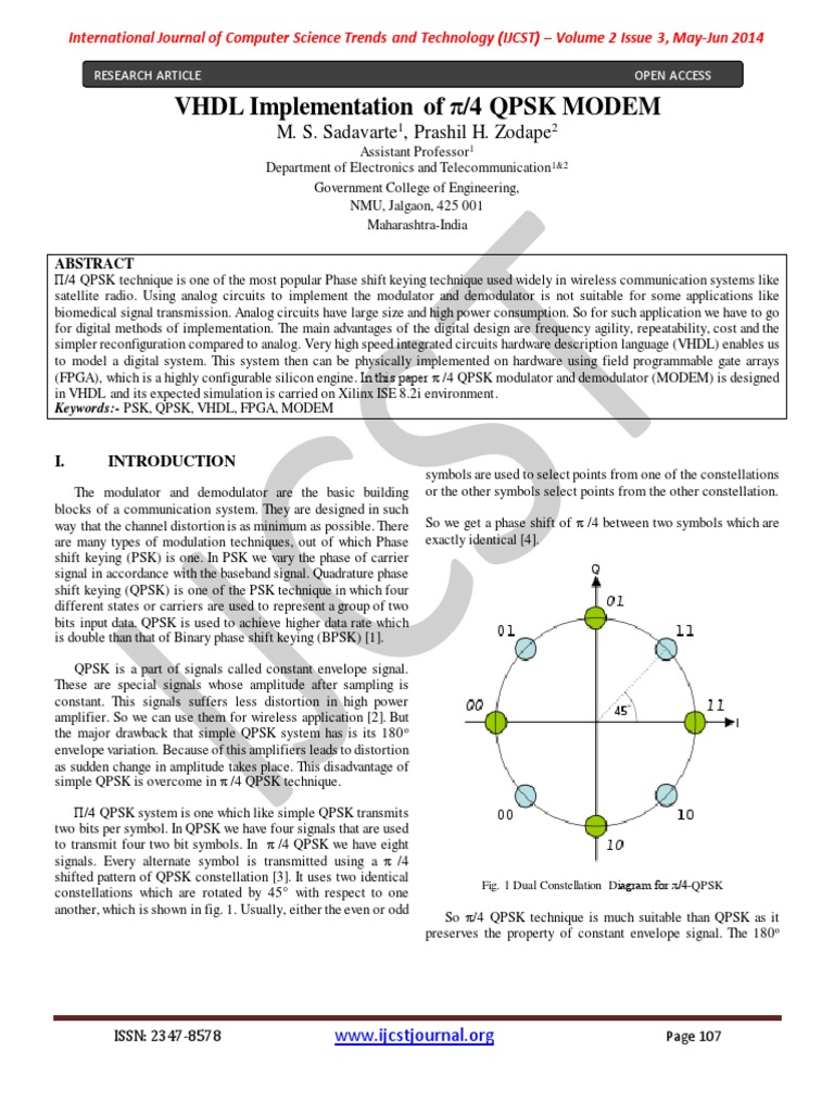 Vhdl Implementation Of π4 Qpsk Modem Pdf Modulation Electronics