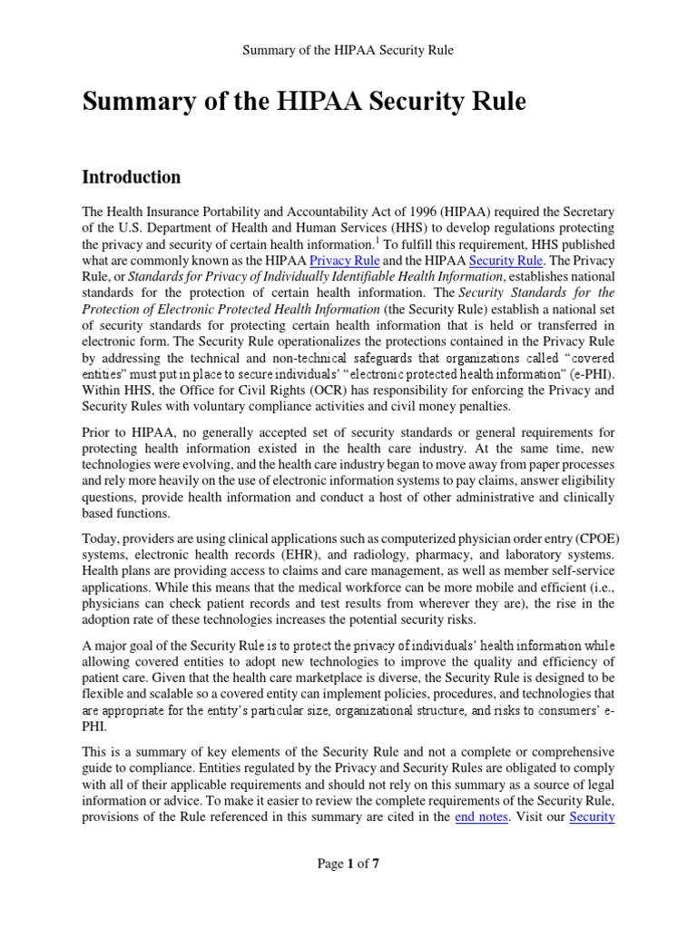 Summary of The HIPAA Security Rule | PDF | Health Insurance Portability ...