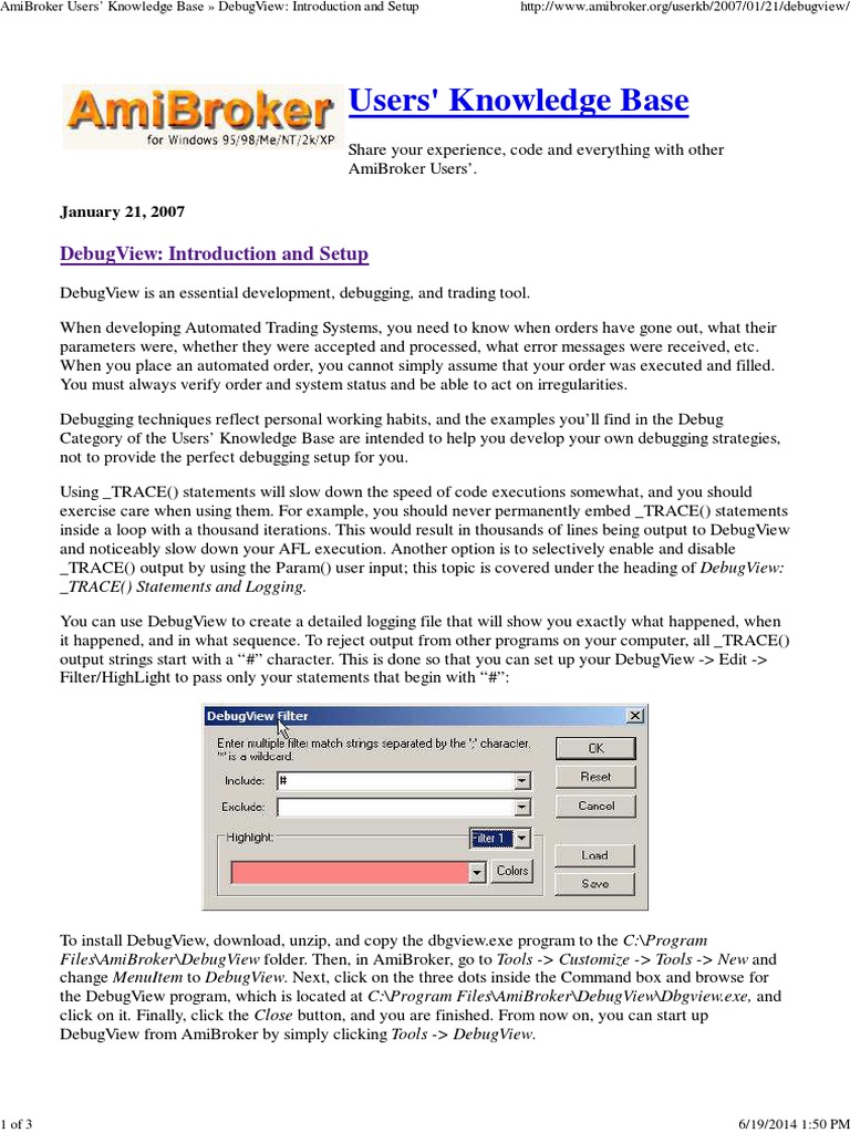 Amibroker Users Knowledge Base Debugview Introduction And Setup Pdf Debugging Parameter
