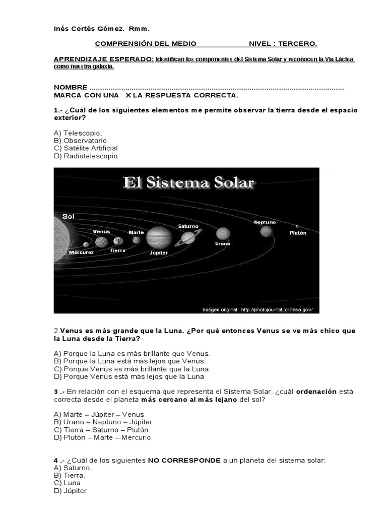 Examen del Sistema Solar para Primaria | PDF | Geografía | Espacio exterior