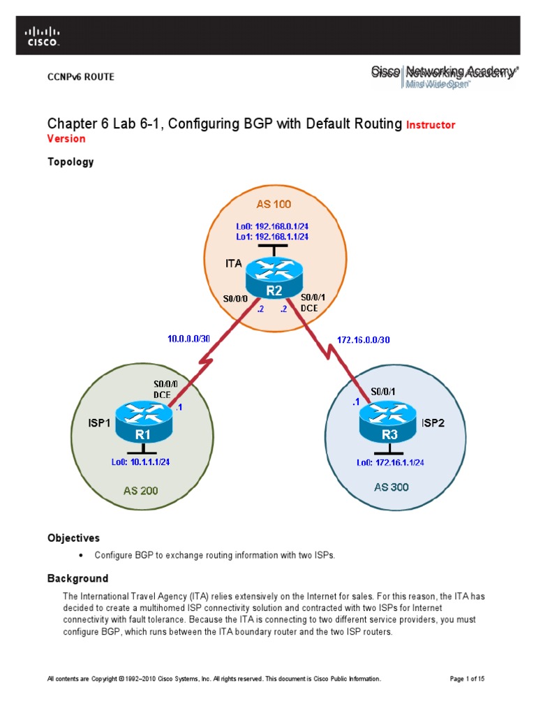 CCNPv6 ROUTE Lab6-1 BGP Config Instructor | PDF | Router (Computing) | Ip Address