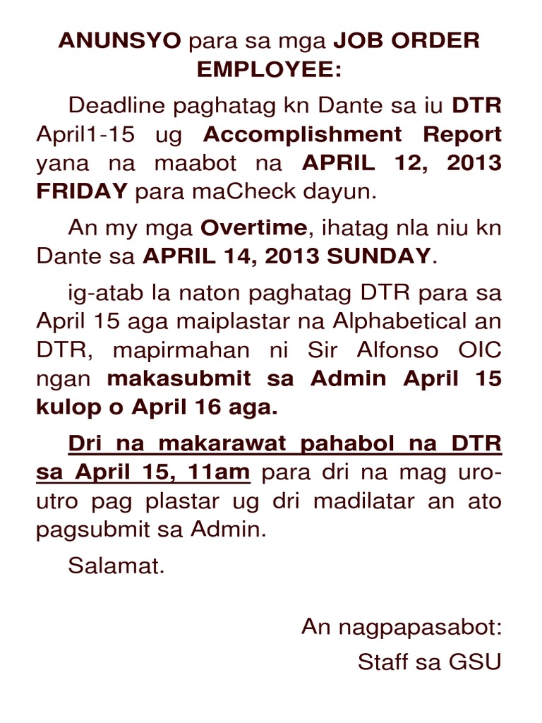 Job Order DTR Submission Reminder | PDF