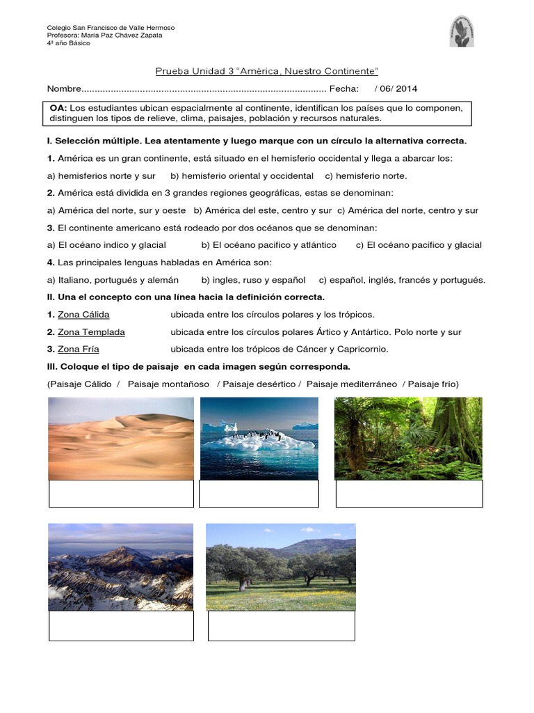 Prueba de Paisajes de América 4º Básico | PDF | Américas | Continente