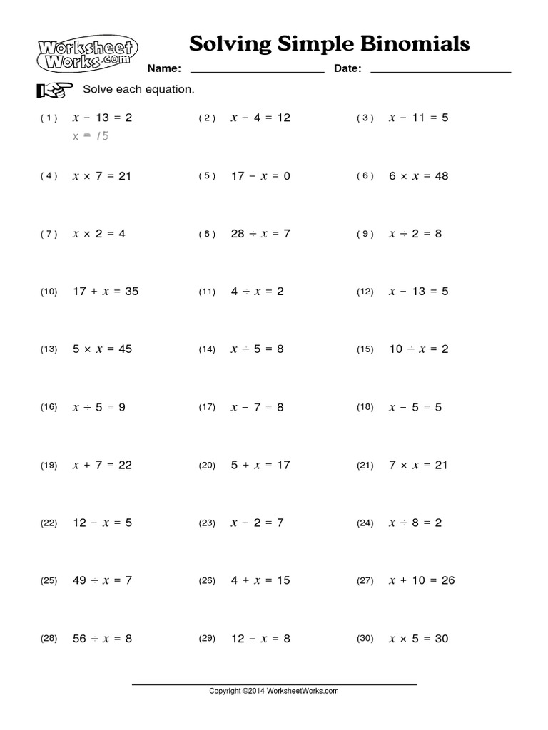 WorksheetWorks Solving Simple Binomials 1 | PDF