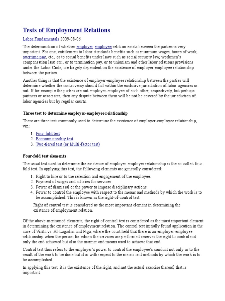 Tests of Employment Relations (Employee-Employer) | PDF | Employment ...