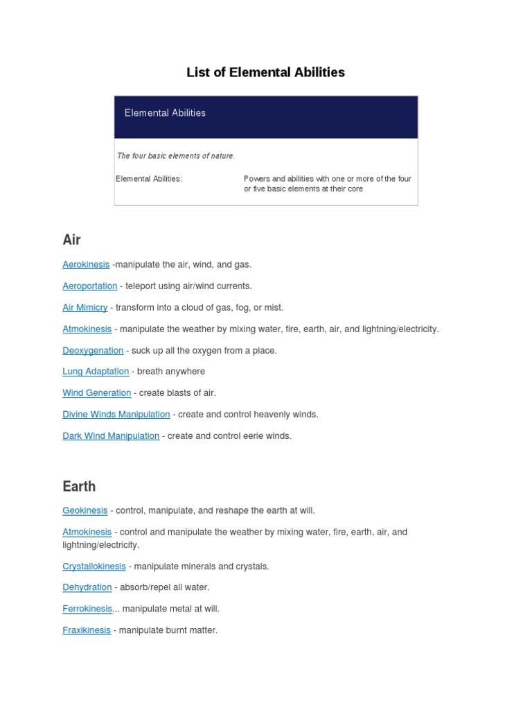 List of Elemental Abilities | PDF | Poison | Light