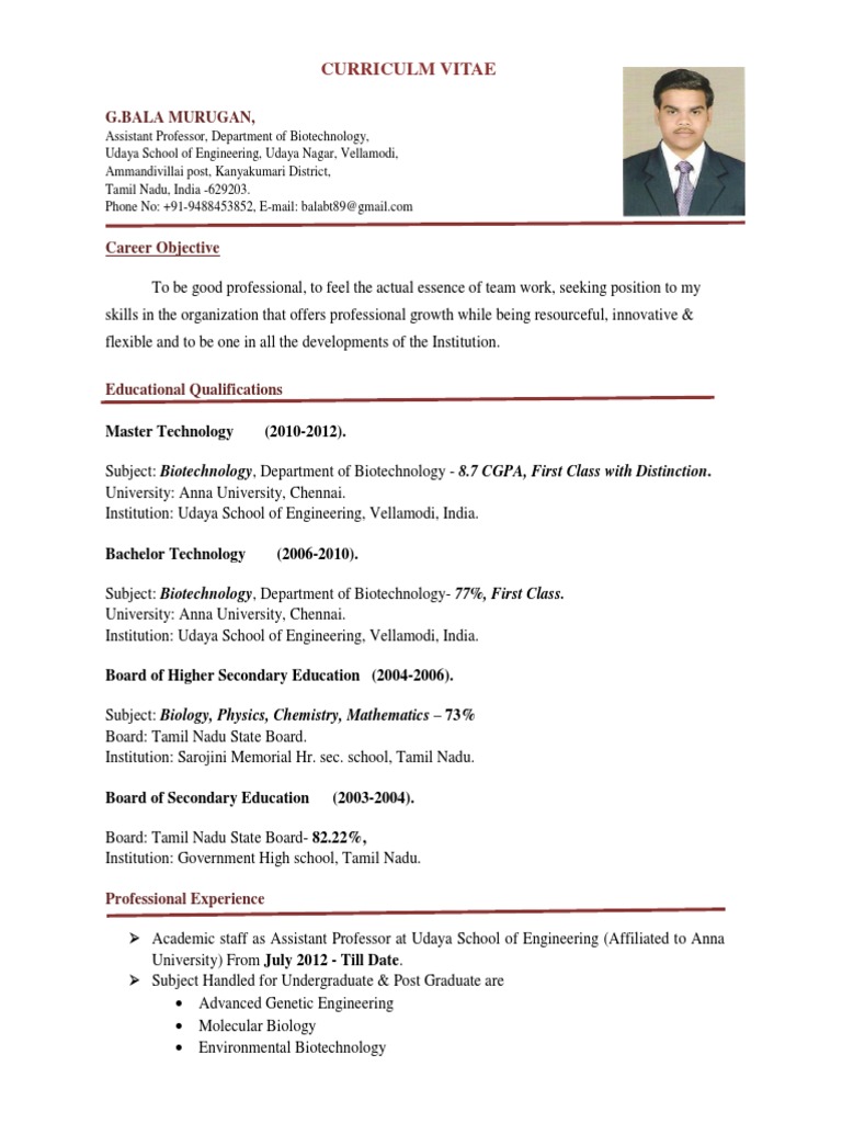 A Comprehensive Curriculum Vitae for Dr. G.Bala Murugan Highlighting ...