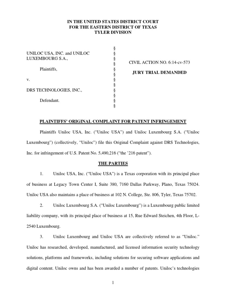 Uniloc Et. Al. v. DRS Technologies | PDF | Law
