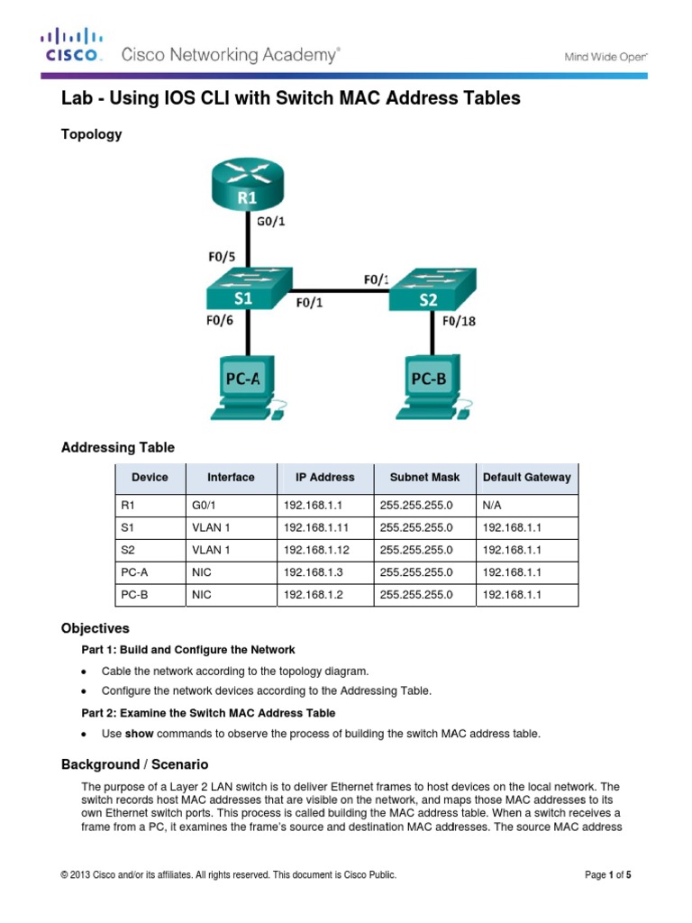 5.3.1.10 Lab - Using IOS CLI With Switch MAC Address Tables | PDF | Network Switch | Router ...