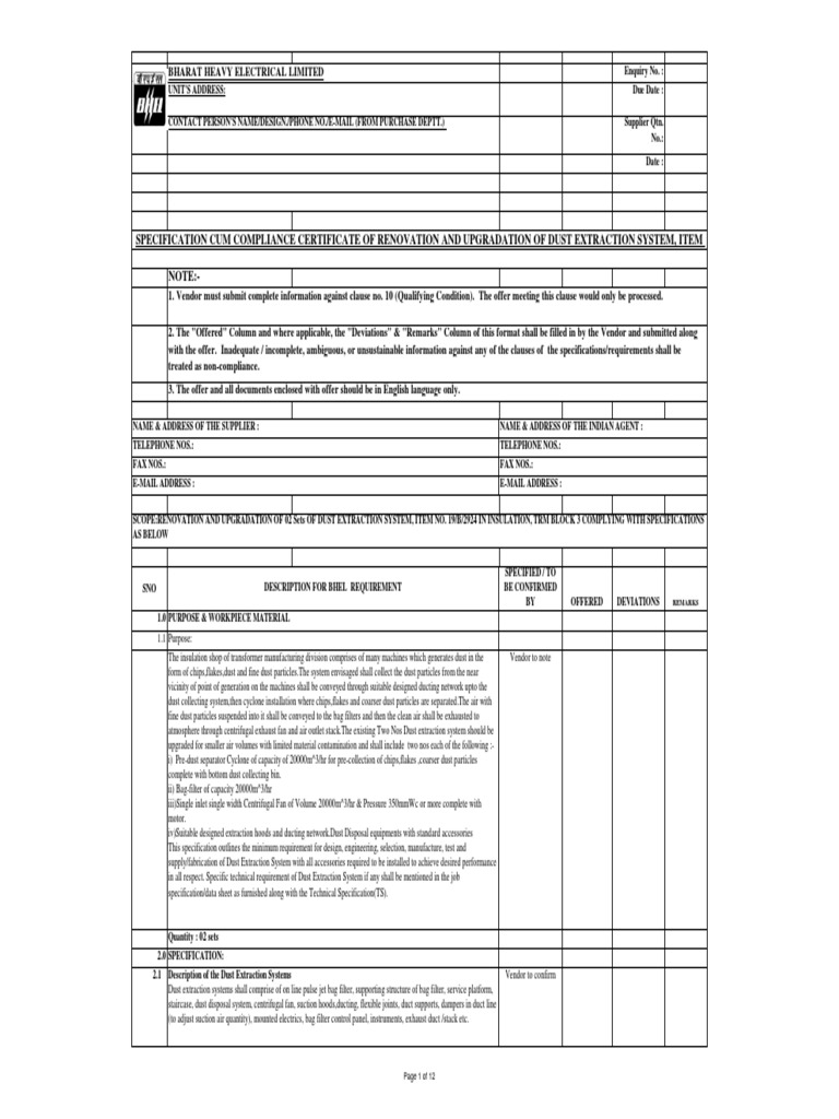 Specif-Dust Extraction System | PDF | Duct (Flow) | Mechanical Fan