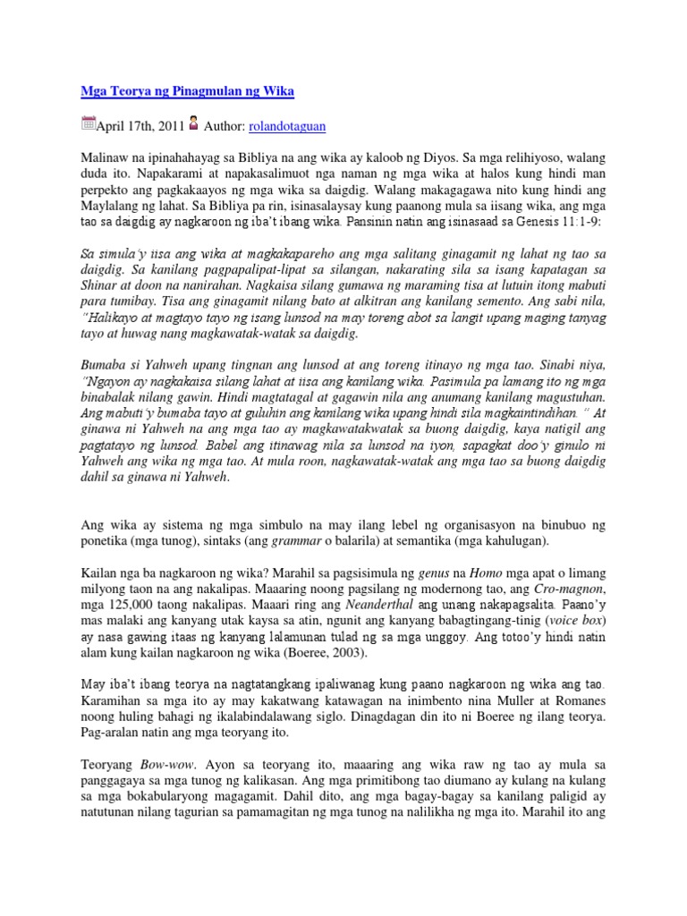 Mga Teorya NG Pinagmulan NG Wika | PDF