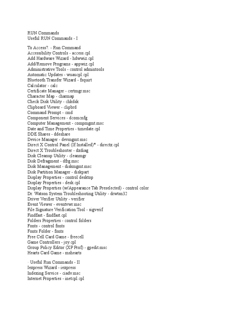 Useful RUN Commands | PDF | Windows Registry | Microsoft Windows