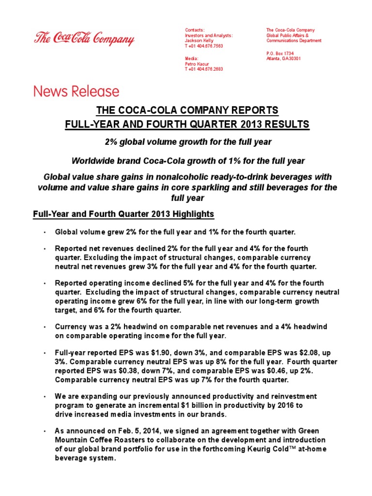Coca Cola Fourth Quarter and Full Year 2013 Results | PDF | Net Income ...