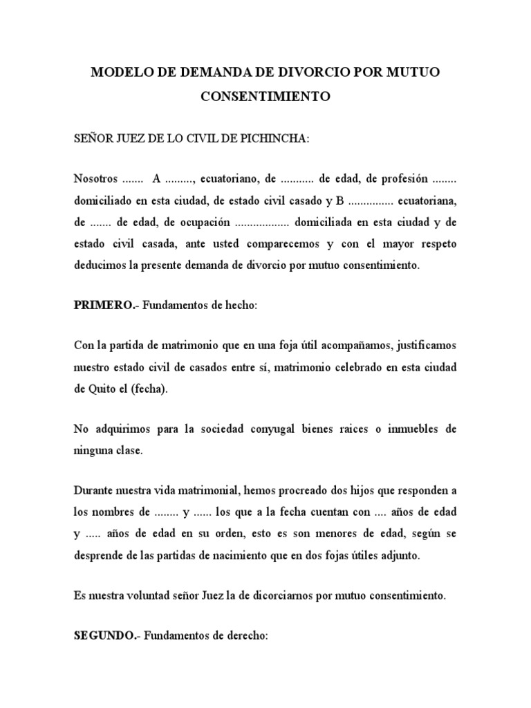 Modelo de Demanda de Divorcio Por Mutuo Consentimiento | PDF