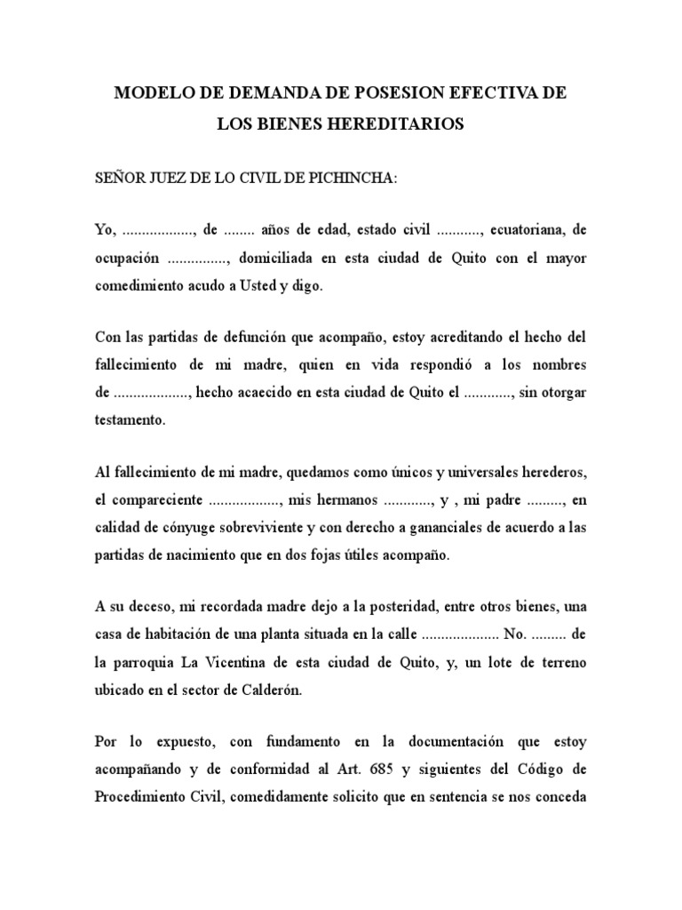 MODELO DE DEMANDA DE POSESION EFECTIVA DE LOS BIENES HERED~1 | Posesión ...