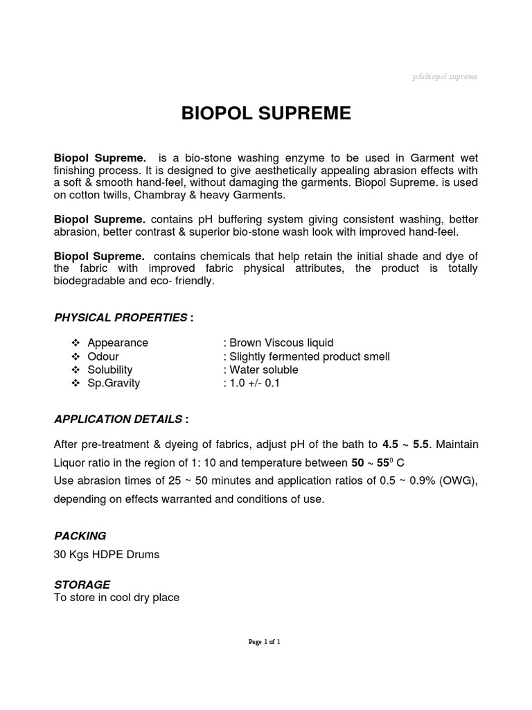 Biopol Supreme: Eco-Friendly Enzyme for Garments | PDF