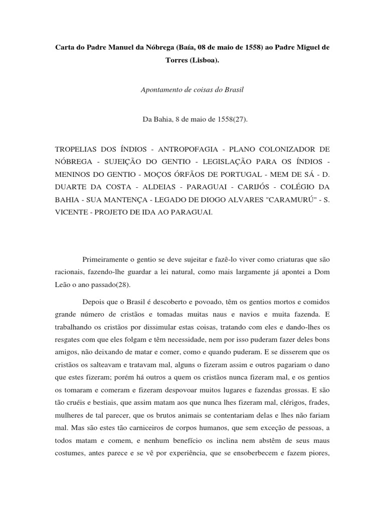 Carta Do Padre Manuel Da Nóbrega, de 08 de Maio de 1558 | PDF ...