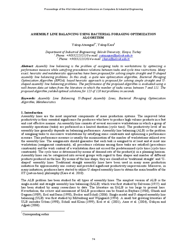 Assembly Line Balancing Using Bacterial Foraging Optimization Algorithm | PDF | Metaheuristic ...