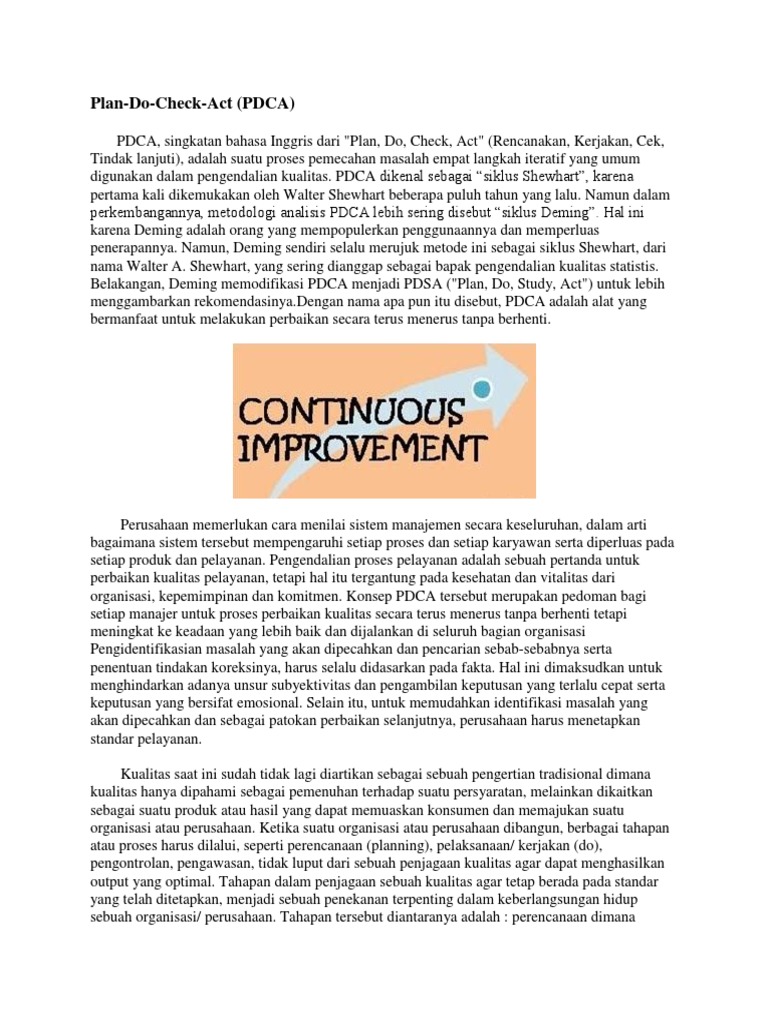 Mempahami Konsep Dasar PDCA dan Penerapannya dalam Meningkatkan Kualitas | PDF | Manajemen Mutu ...