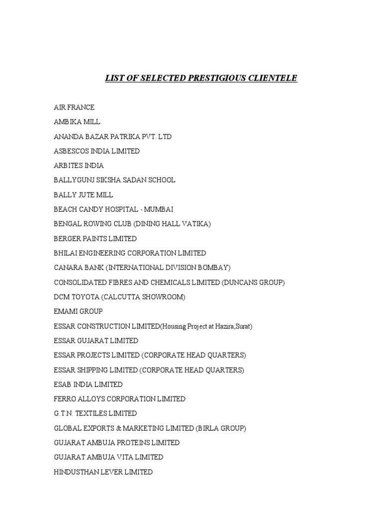 Selected Prestigious Clientele List | PDF | Economy Of India | Companies