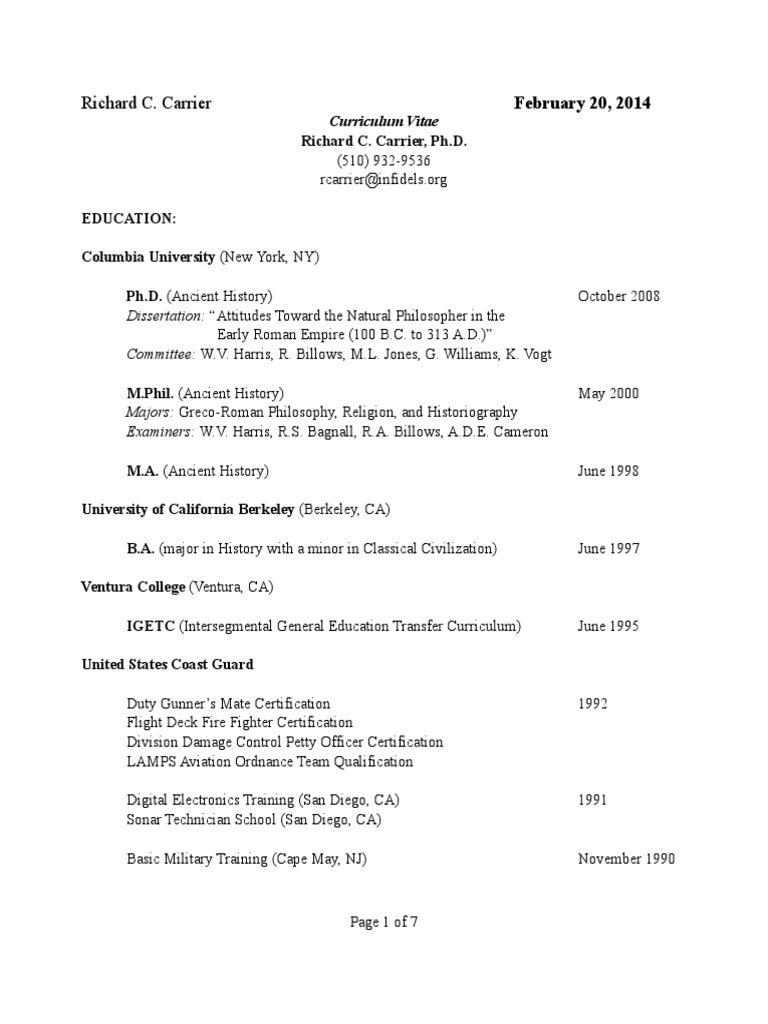 CV Richard Carrier | Download Free PDF | Lecture | Metaphysical Naturalism