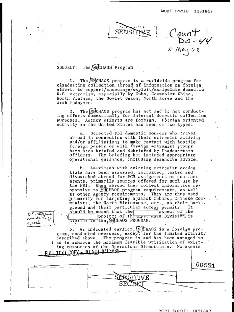 CIA Document on the MHCHAOS Program | Federal Bureau Of Investigation ...