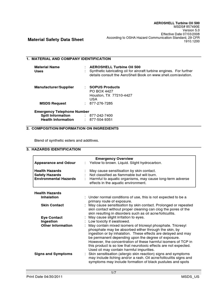 AeroShell Turbine Oil 500 MSDS | PDF | Personal Protective Equipment ...