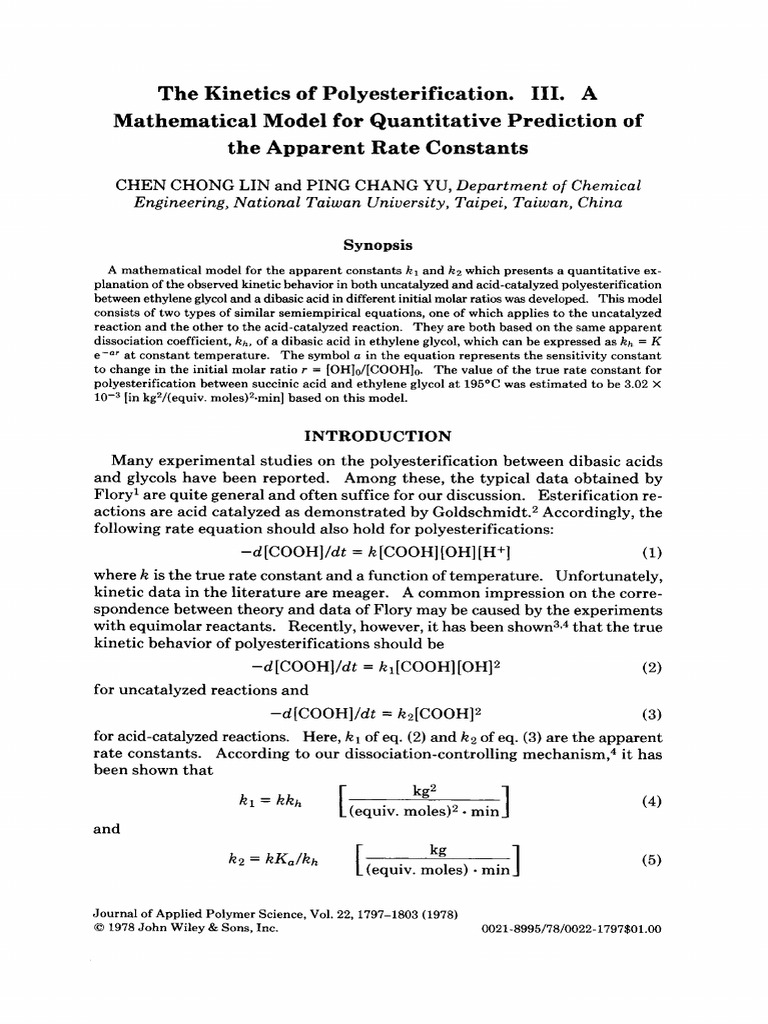Kinetics of Polyesterification | PDF | Least Squares | Temperature