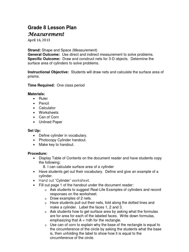 Grade 8 Lesson Plan - Measurement | PDF | Surface Area | Lesson Plan