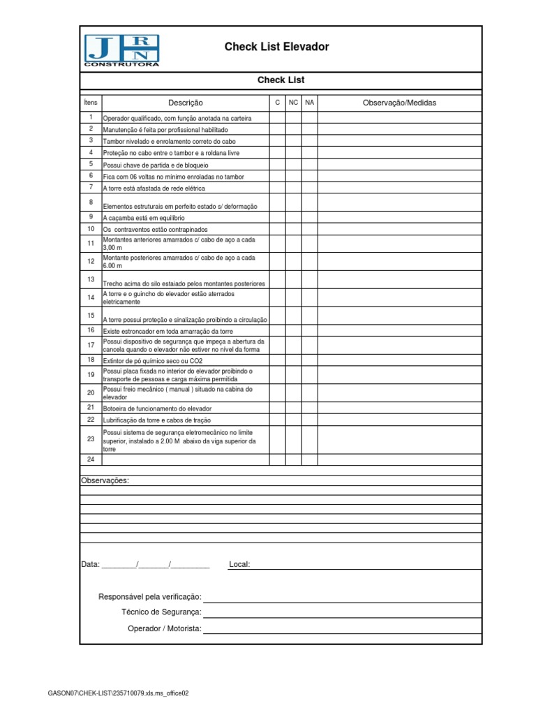 Check List - Elevadores | PDF | Tecnologia e Engenharia