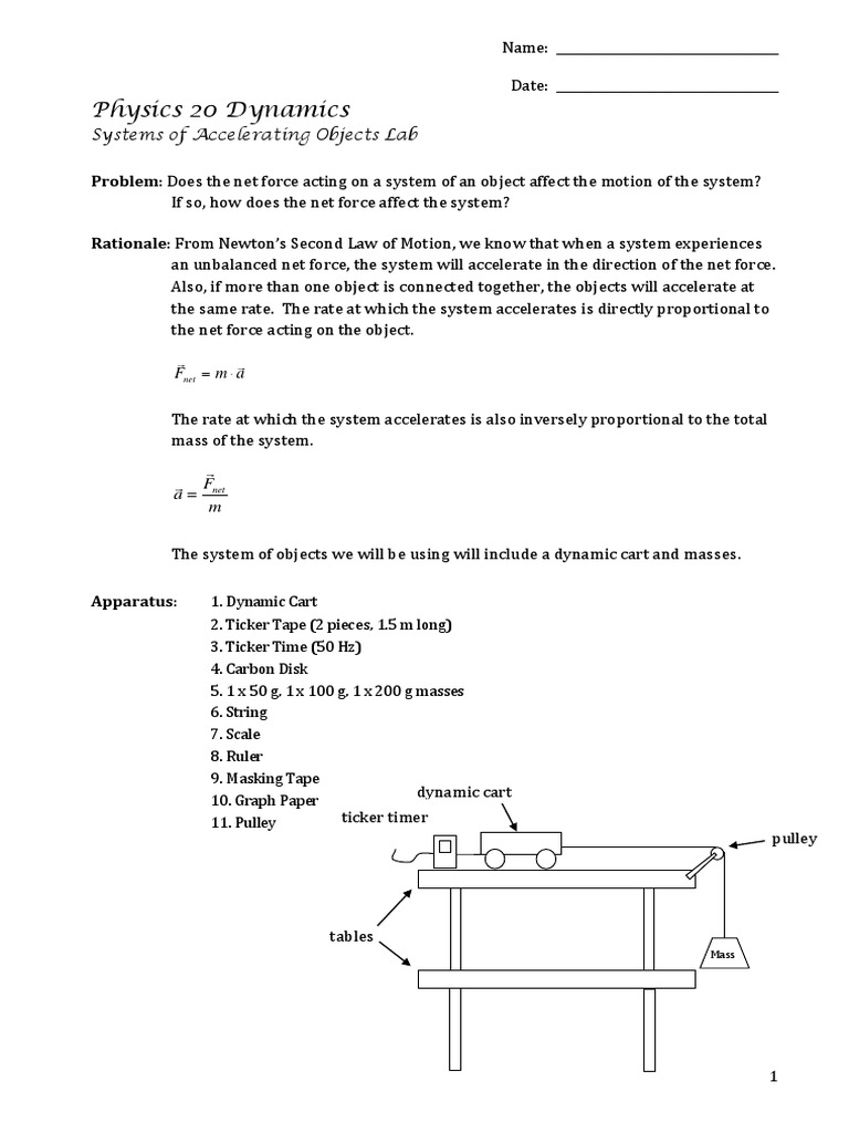 Physics 20 Dynamics Lab 1 | PDF | Acceleration | Mass