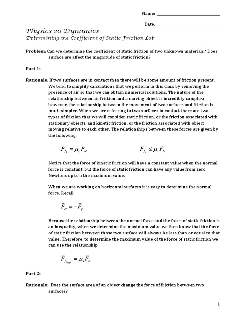 Static Friction Lab: Physics 20 Dynamics | PDF | Friction | Weighing Scale
