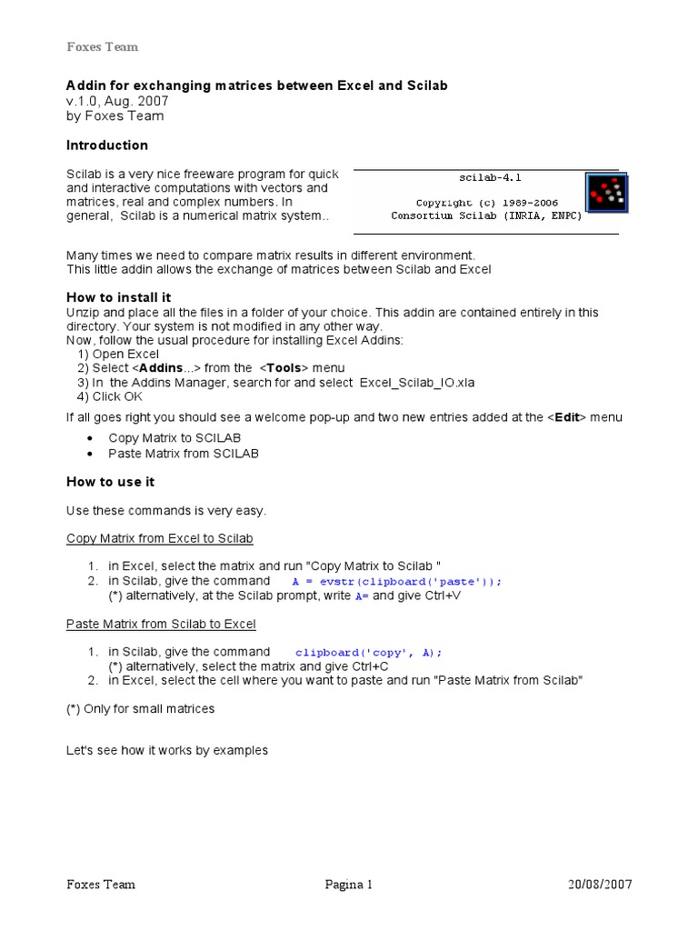 Excel Scilab IO | PDF | Matrix (Mathematics) | Microsoft Excel
