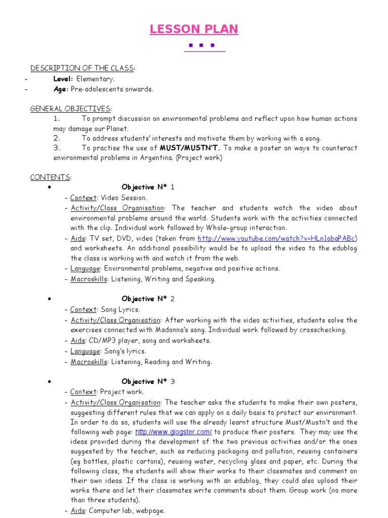 Lesson Plan: Level: Elementary. Age: Pre-Adolescents Onwards | PDF ...