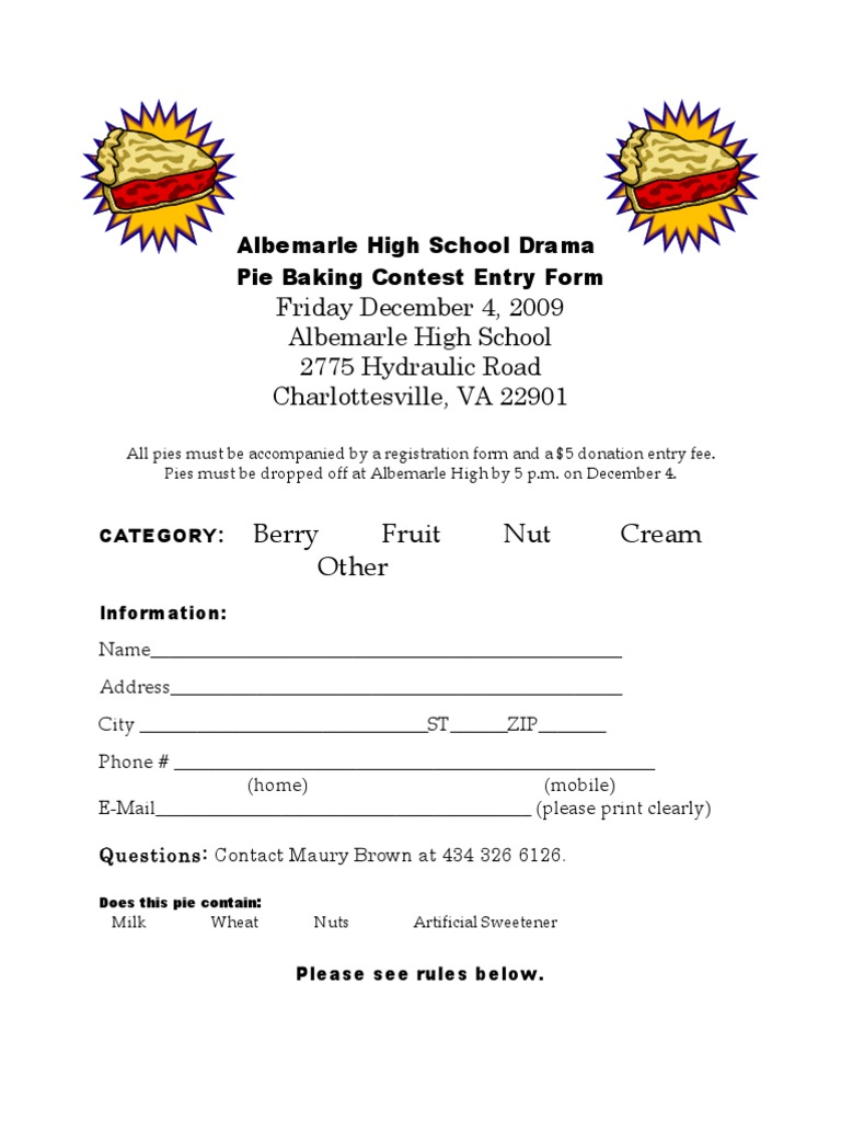 AHS Pie Baking Contest Form Ru | Food And Drink Preparation | Food & Wine