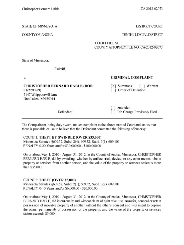 Christopher Hable Criminal Complaint Anoka 12-2073 | PDF | Arrest | Summons