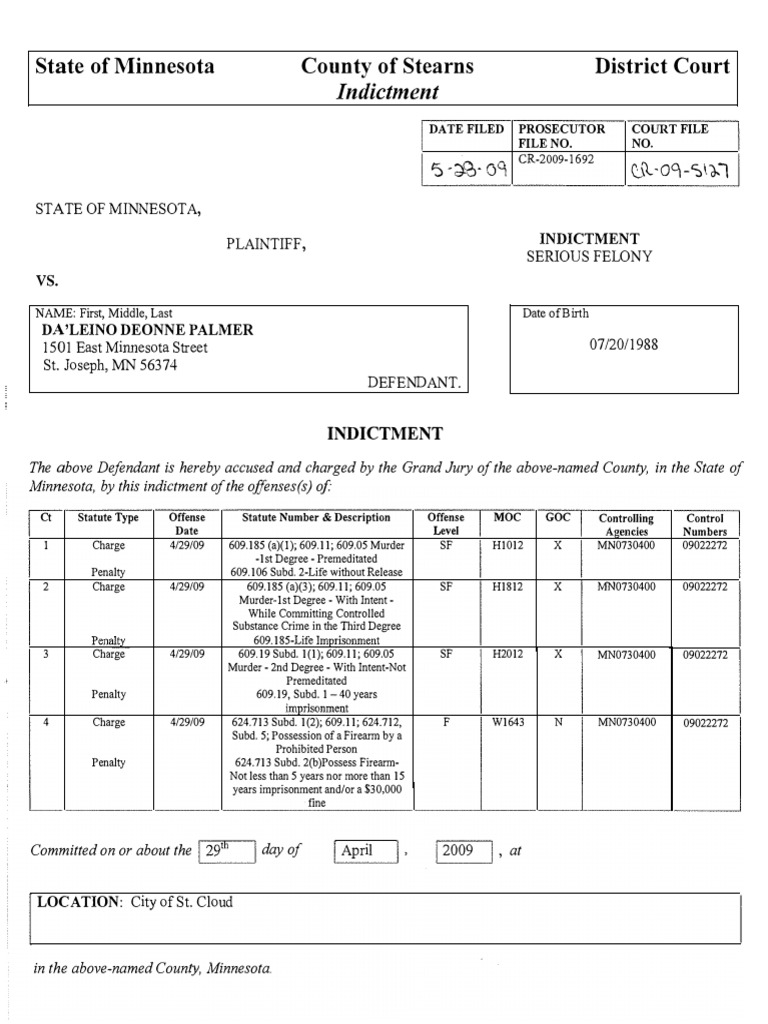Minnesota Indictment: Da'Leino Palmer | PDF | Murder | Life Imprisonment