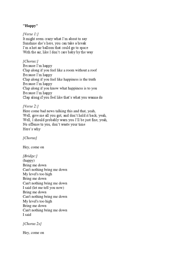 Pharrell Williams' "Happy" Lyrics | PDF | Song Structure | Hot Drinks