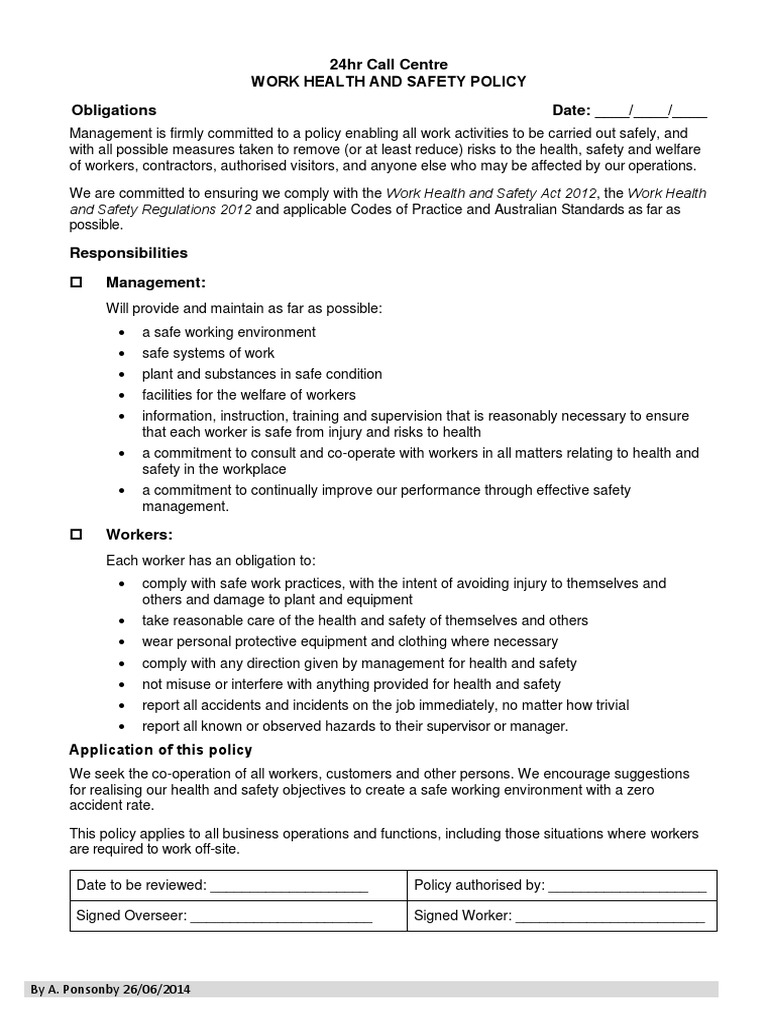 Work Health and Safety Policy | PDF | Occupational Safety And Health ...