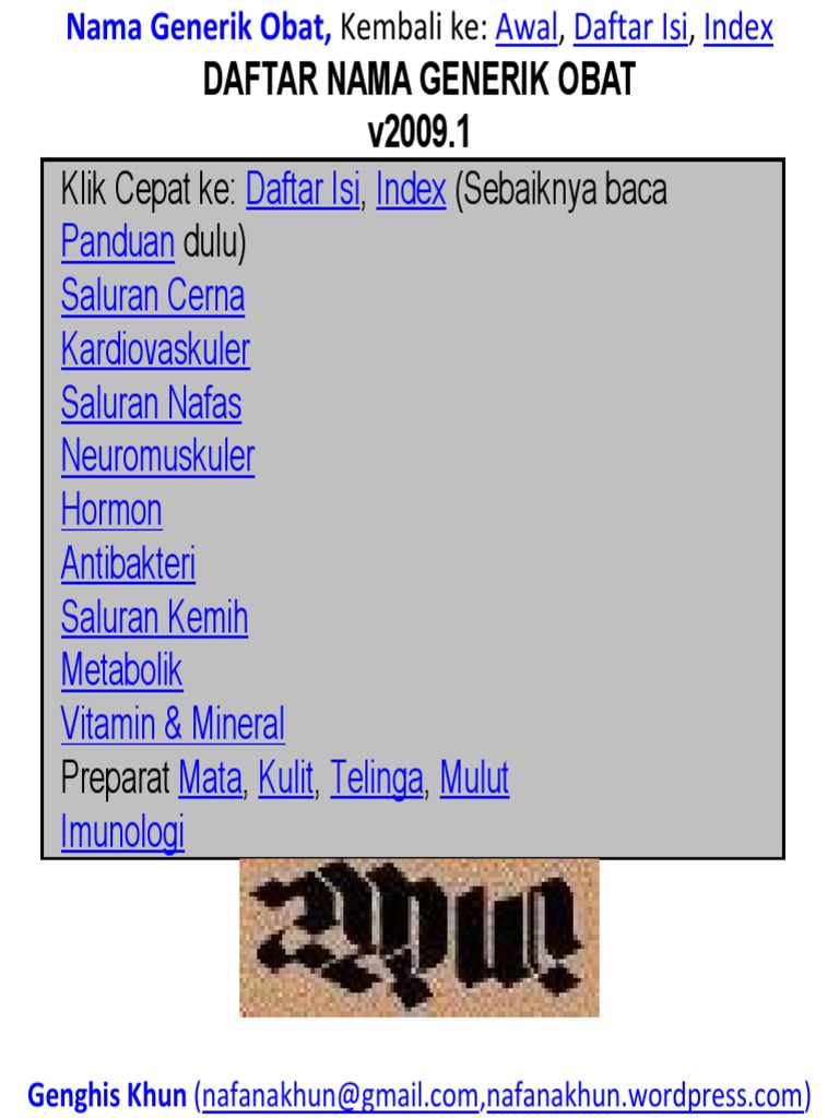 Daftar Nama Generik Obat v2009.1 | PDF