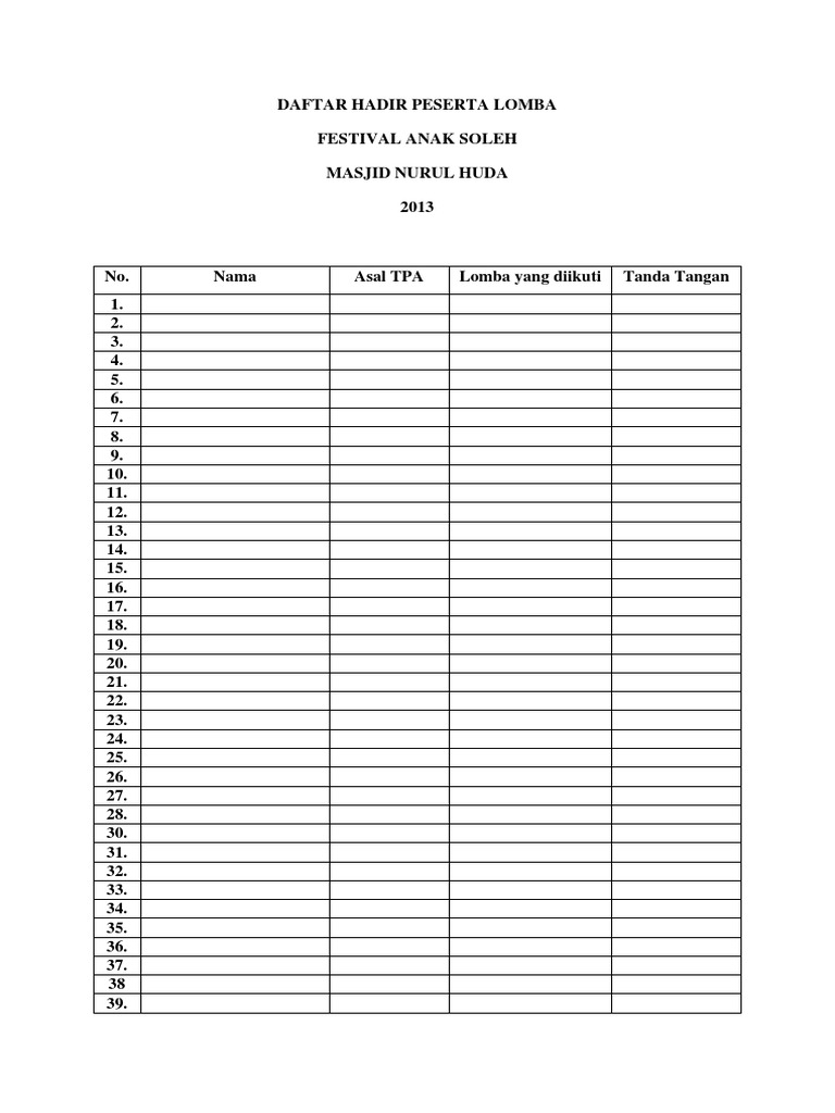 Daftar Hadir Peserta Lomba | PDF